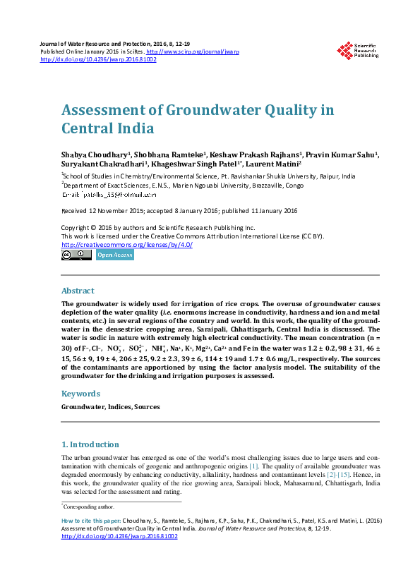 (PDF) Assessment of Groundwater Quality in Central India