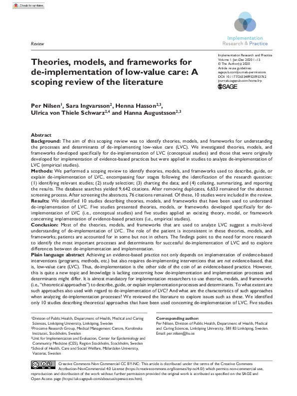 (PDF) Theories, models, and frameworks for de-implementation of low-value care: A scoping review ...