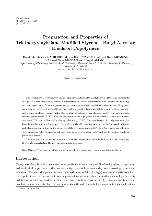 Pdf Preparation And Properties Of Triethoxyvinylsilane Modified Styrene Butyl Acrylate