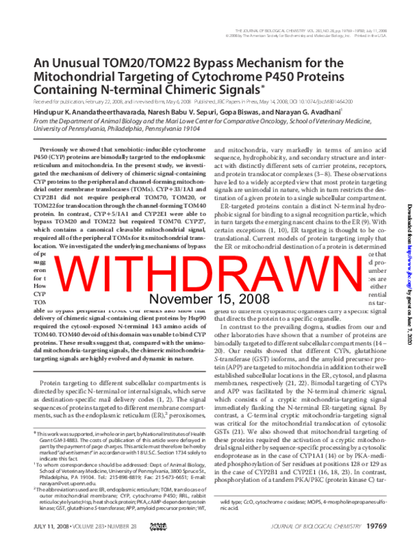 (PDF) An Unusual TOM20/TOM22 Bypass Mechanism for the Mitochondrial ...