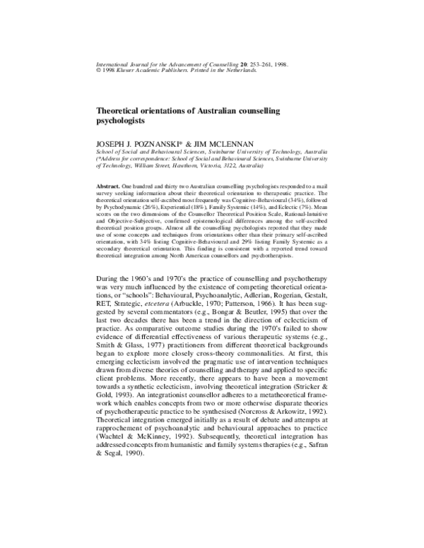 (PDF) Theoretical orientations of Australian counselling psychologists