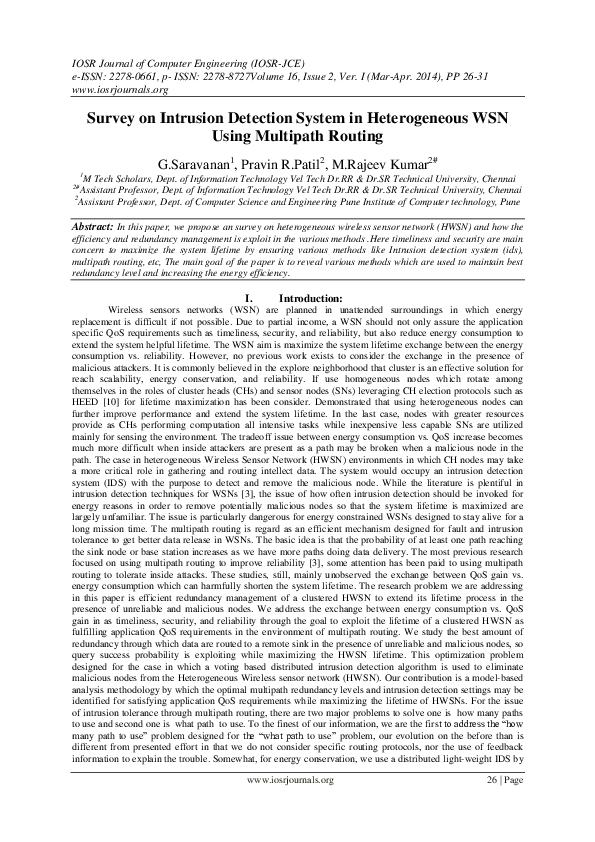 Survey On Intrusion Detection System In Heterogeneous Wsn Using Multipath Routing