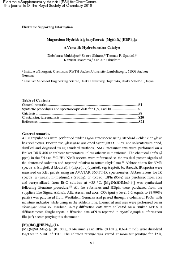 (PDF) Magnesium hydridotriphenylborate [Mg(thf)6][HBPh3]2: a versatile ...