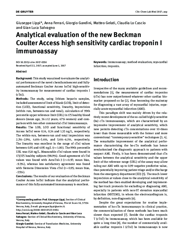(PDF) Analytical evaluation of the new Beckman Coulter Access high sensitivity cardiac troponin ...