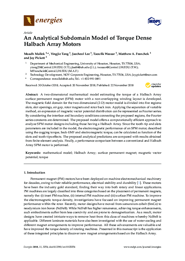 (PDF) An Analytical Subdomain Model of Torque Dense Halbach Array Motors