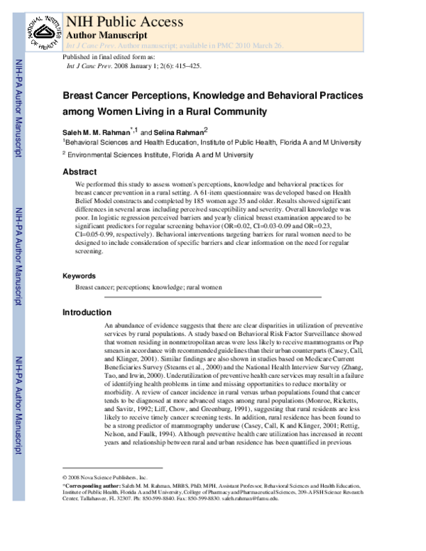 Pdf Breast Cancer Perceptions Knowledge And Behavioral Practices