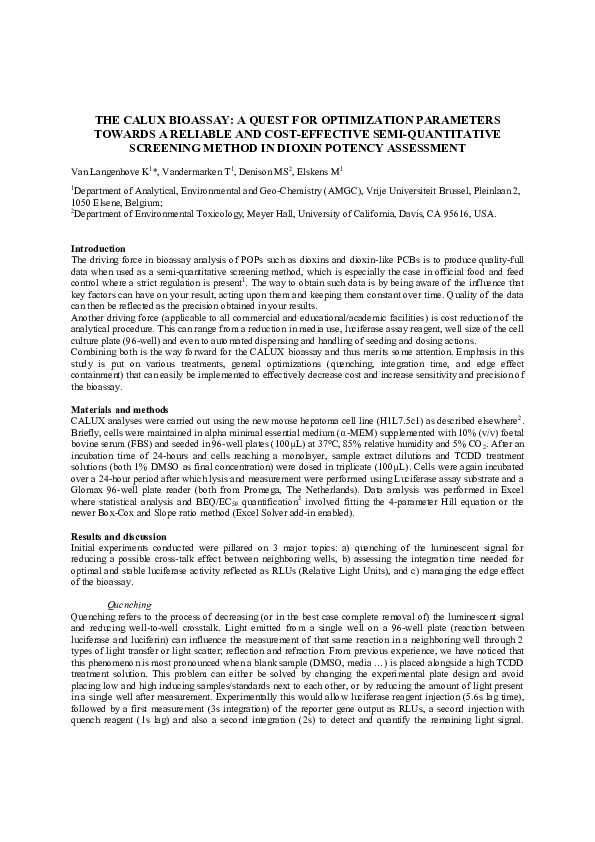 (PDF) The Calux Bioassay: A Quest for Optimization Parameters Towards a ...