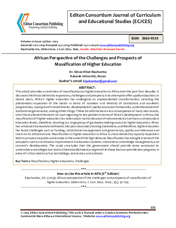 (PDF) African Perspective of the Challenges and Prospects of Massification of Higher Education ...