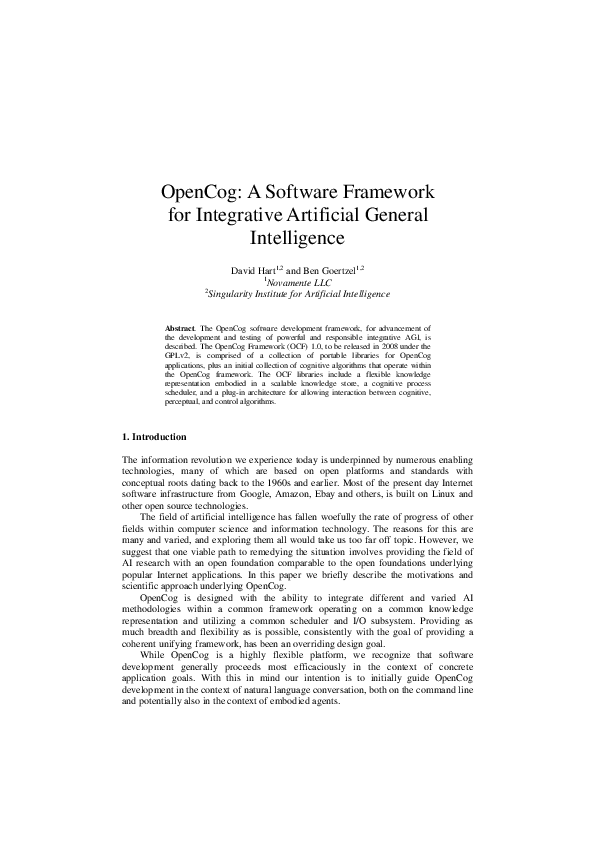 Pdf Opencog A Software Framework For Integrative Artificial General Intelligence