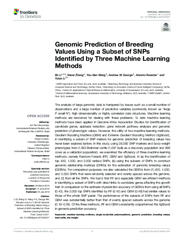 Pdf Genomic Prediction Of Breeding Values Using A Subset Of Snps Identified By Three Machine