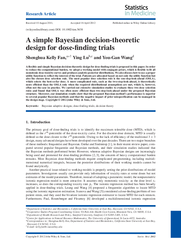 Pdf A Simple Bayesian Decision Theoretic Design For Dose Finding Trials