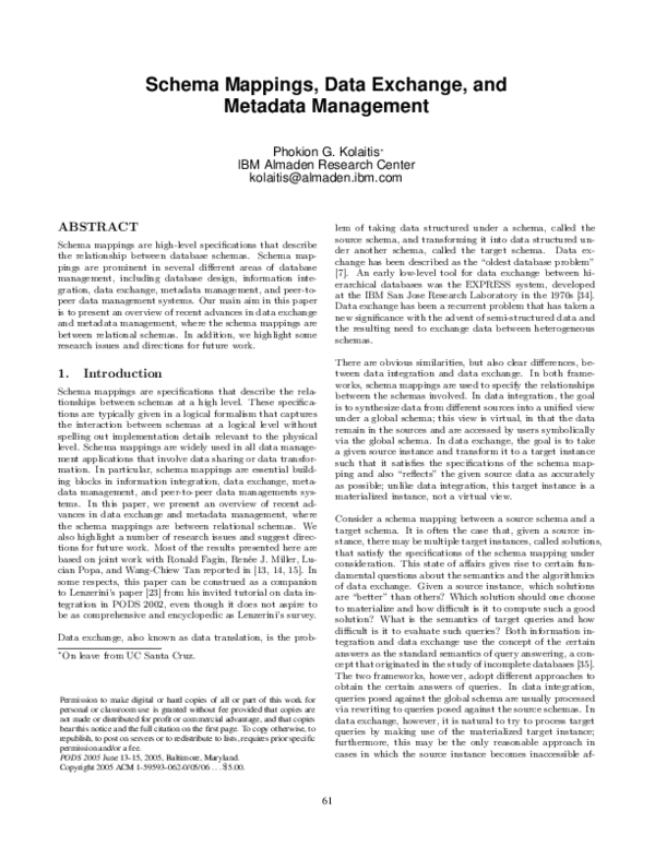(PDF) Schema mappings, data exchange, and metadata management