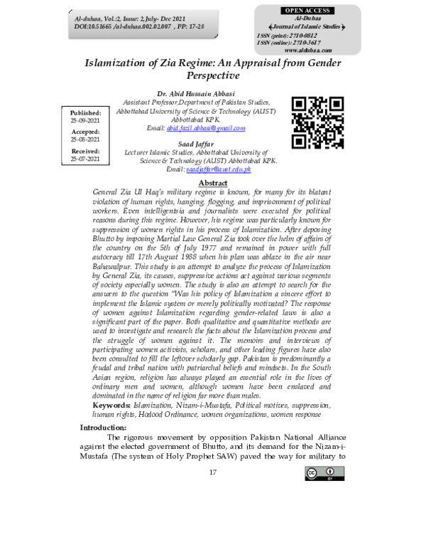 (PDF) Islamization of Zia Regime: An Appraisal from Gender Perspective