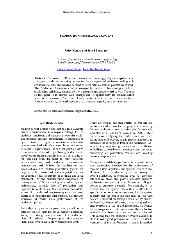 (PDF) Production assurance concept