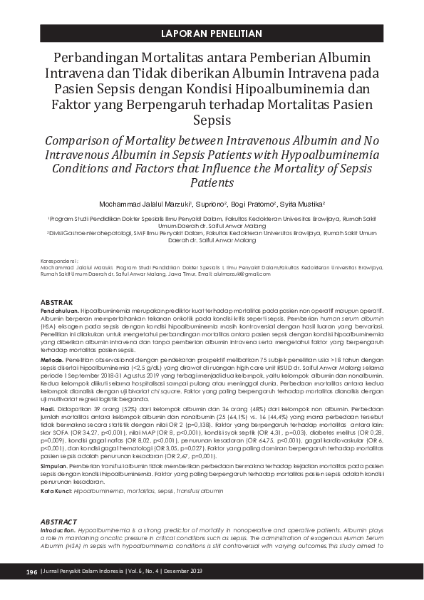 (PDF) Perbandingan Mortalitas antara Pemberian Albumin Intravena dan ...