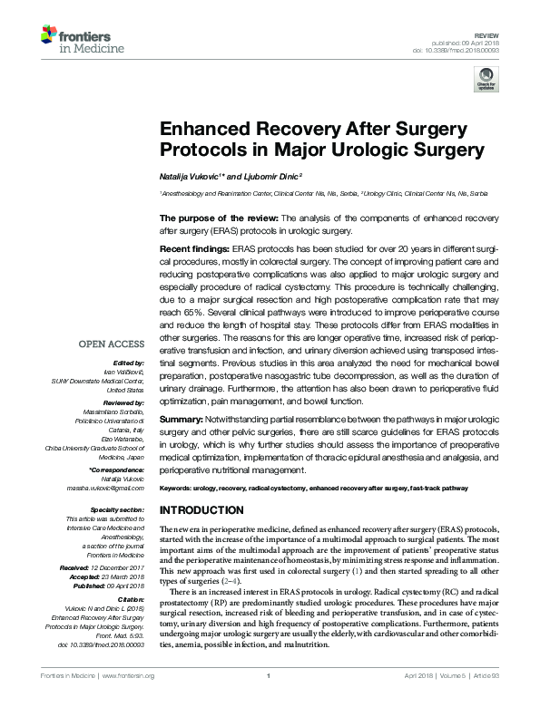 (PDF) Enhanced Recovery After Surgery Protocols in Major Urologic Surgery