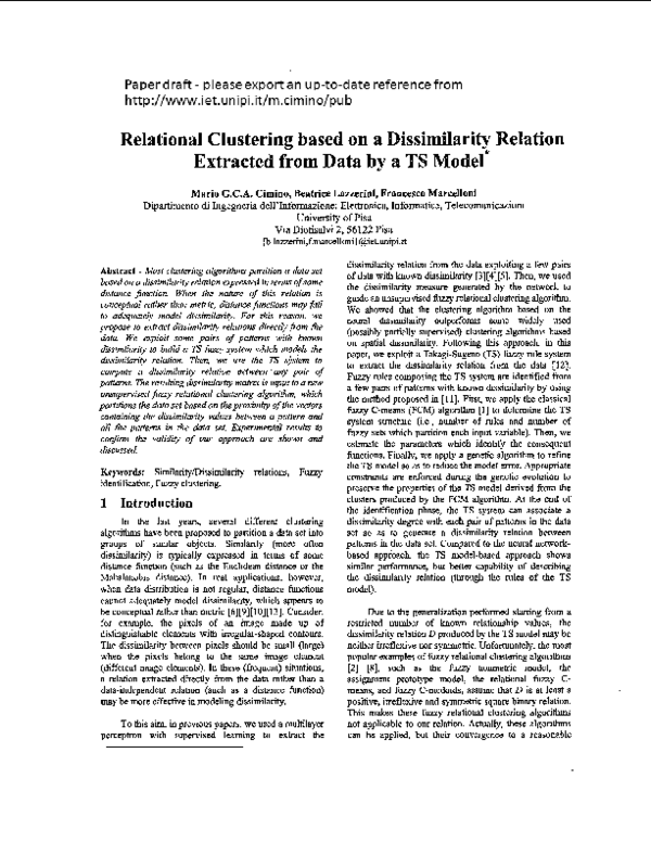 (PDF) Relational clustering based on a dissimilarity relation extracted from data by a TS model