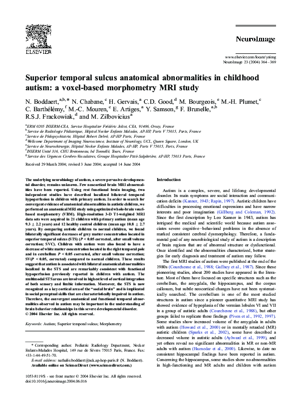 (PDF) Superior temporal sulcus anatomical abnormalities in childhood autism: a voxel-based ...