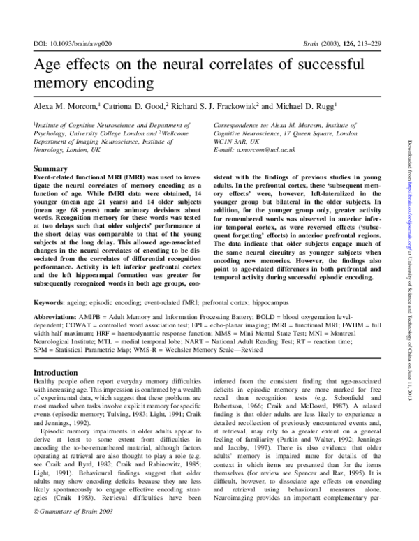(PDF) Age effects on the neural correlates of successful memory encoding