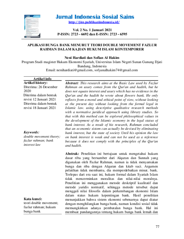 (PDF) Aplikasi Bunga Bank Menurut Teori Double Movement Fazlur Rahman dalam Kajian Hukum Islam ...
