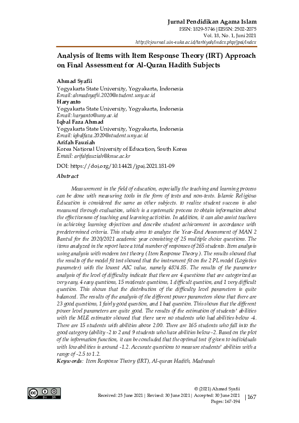 (PDF) Analysis of Items with Item Response Theory (IRT) Approach on ...