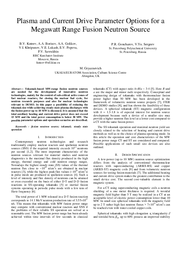 (PDF) Plasma and current drive parameter options for a megawatt range ...
