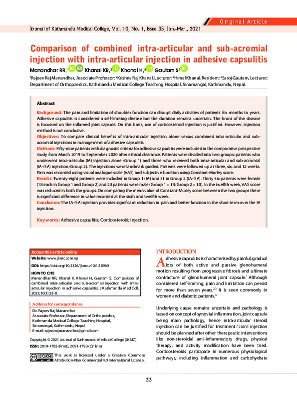 (PDF) Comparison of combined intra-articular and sub-acromial injection ...