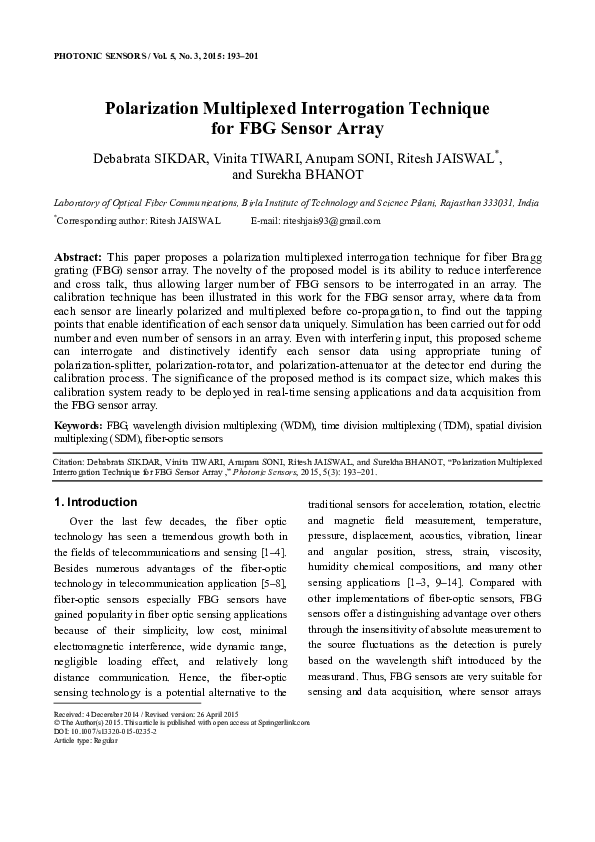 (PDF) Polarization multiplexed interrogation technique for FBG sensor array