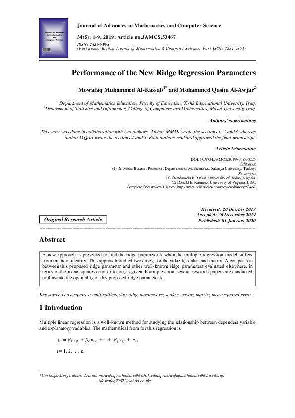 (PDF) Performance of the New Ridge Regression Parameters