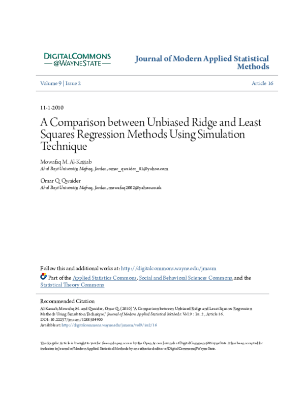 (PDF) A Comparison between Unbiased Ridge and Least Squares Regression Methods Using Simulation ...
