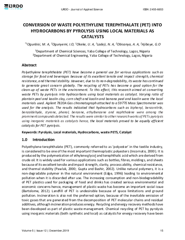 (PDF) CONVERSION OF WASTE POLYETHYLENE TEREPHTHALATE (PET) INTO HYDROCARBONS BY PYROLYSIS USING ...