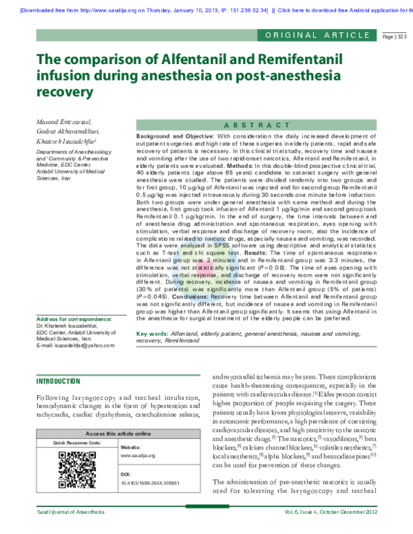 (PDF) The comparison of Alfentanil and Remifentanil infusion during ...