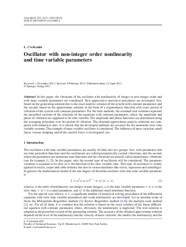 Pdf Oscillator With Non Integer Order Nonlinearity And Time Variable Parameters