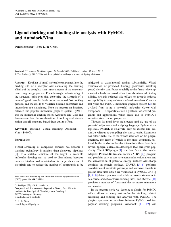 Pdf Ligand Docking And Binding Site Analysis With Pymol And Autodockvina