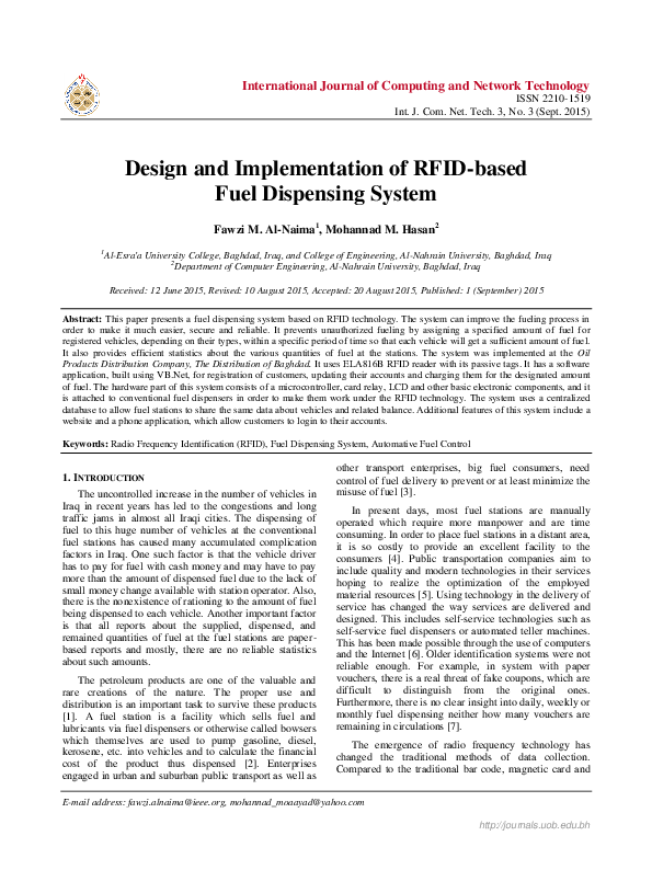 (PDF) Design and Implementation of RFID-based Fuel Dispensing System