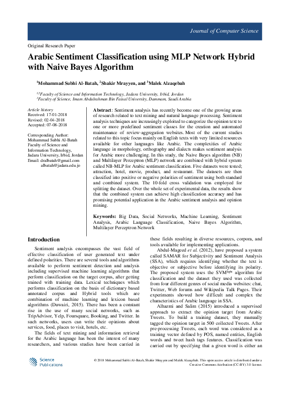 Pdf Arabic Sentiment Classification Using Mlp Network Hybrid With Naive Bayes Algorithm