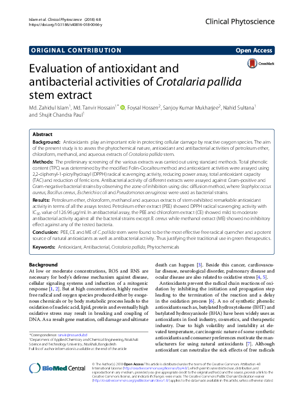 (PDF) Evaluation of antioxidant and antibacterial activities of methanolic flower extract of ...
