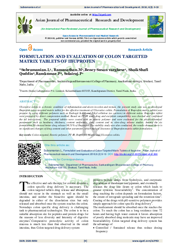 Pdf Formulation And Evaluation Of Colon Targeted Matrix Tablets Of Ibuprofen