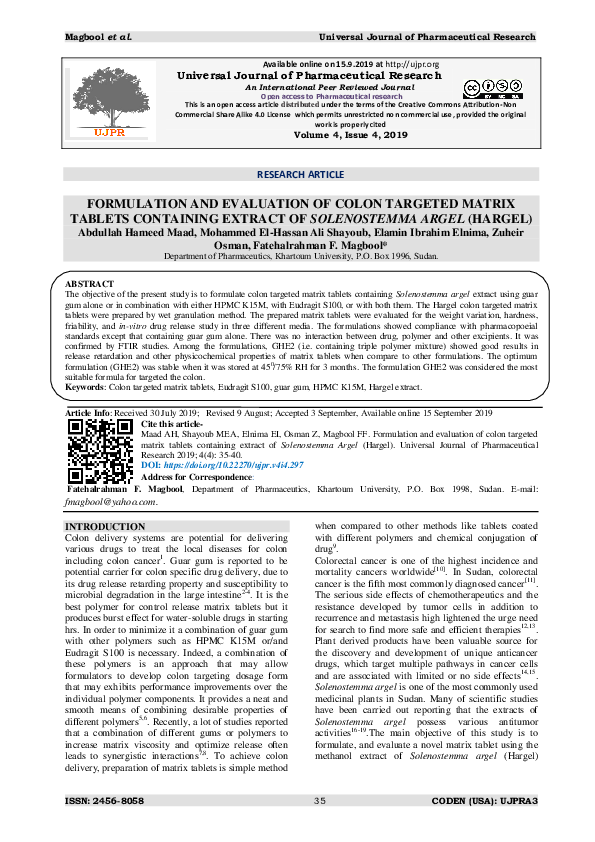 Pdf Formulation And Evaluation Of Colon Targeted Matrix Tablets Containing Extract Of