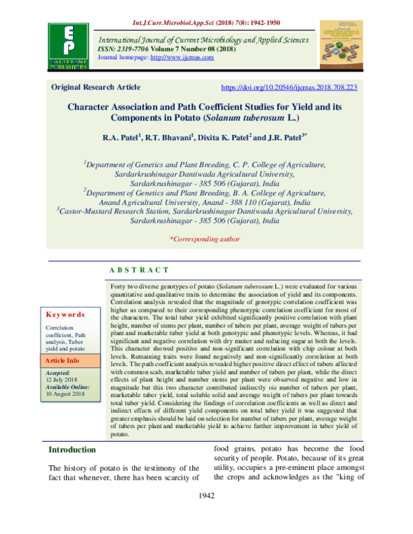 (PDF) Character Association and Path Coefficient Studies for Yield and its Components in Potato ...