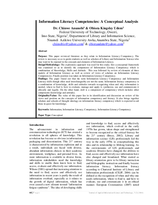 (PDF) Information Literacy Competencies: A Conceptual Analysis