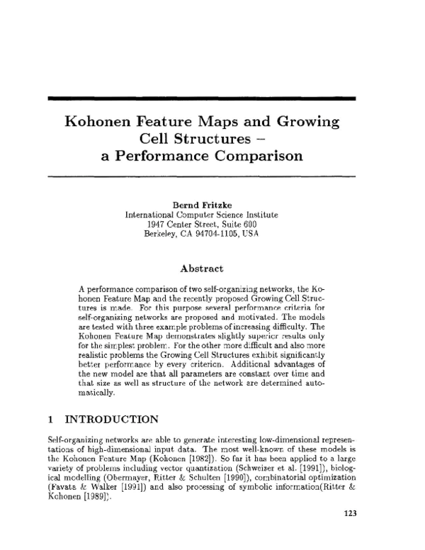 (PDF) Kohonen Feature Maps and Growing Cell Structures {a Performance Comparison