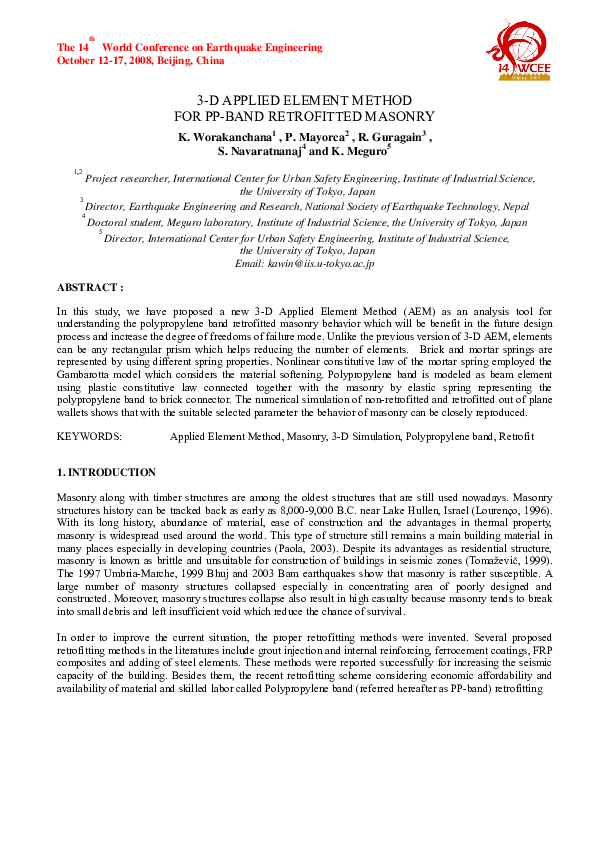 (PDF) 3-D Applied Element Method for PP-Band Retrofitted Masonry | Ramesh Guragain - Academia.edu