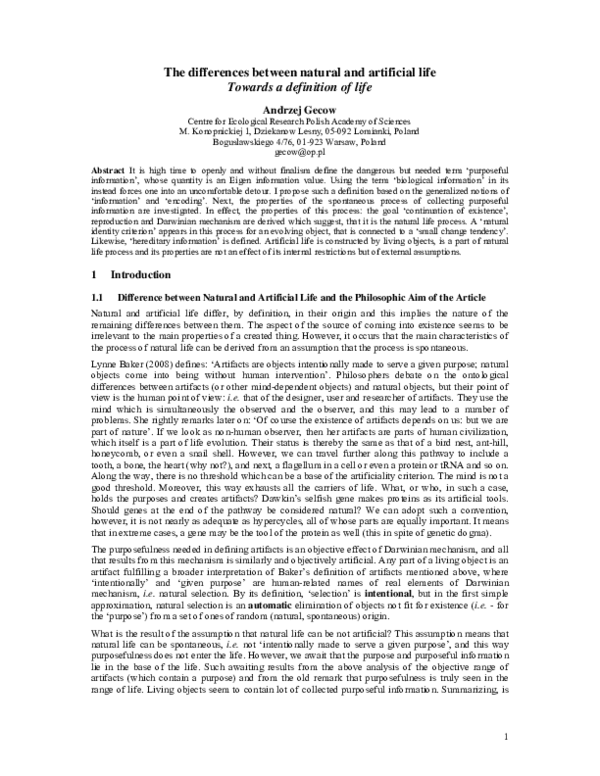 (PDF) The differences between natural and artificial life. Towards a ...