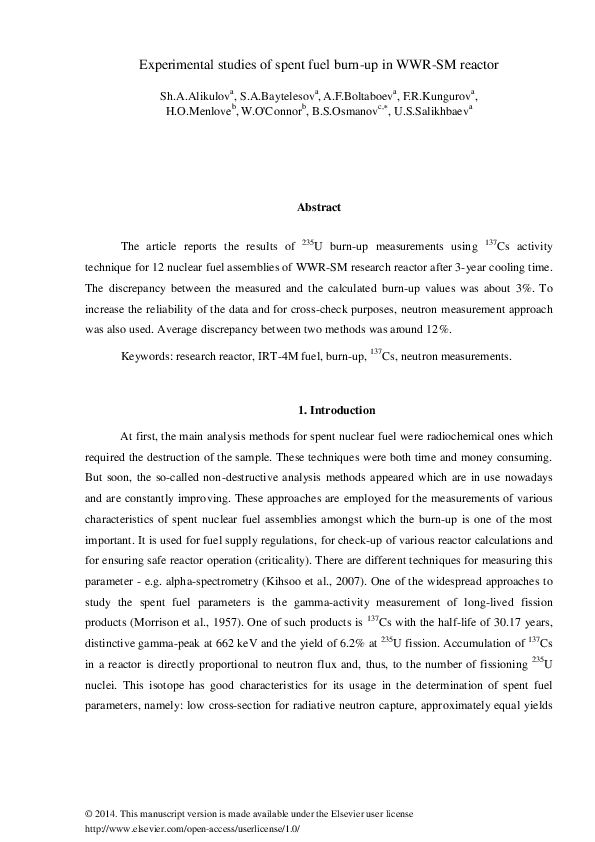 (PDF) Experimental studies of spent fuel burn-up in WWR-SM reactor