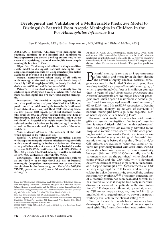 (PDF) Development and Validation of a Multivariable Predictive Model to Distinguish Bacterial ...