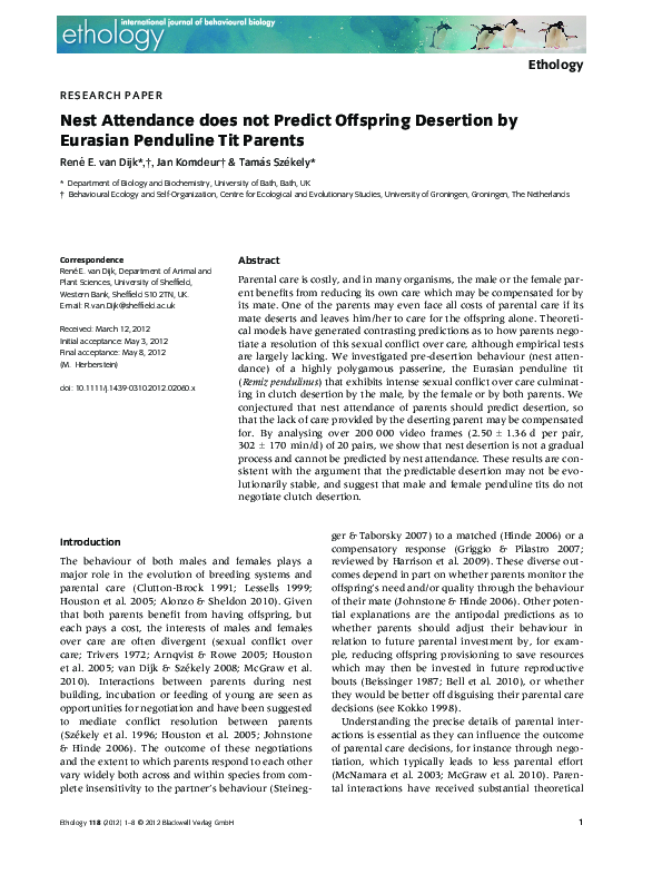 (PDF) Nest Attendance does not Predict Offspring Desertion by Eurasian ...