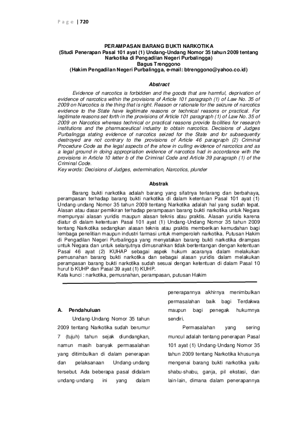 (PDF) PERAMPASAN BARANG BUKTI NARKOTIKA (Studi Penerapan Pasal 101 ayat (1) Undang-Undang Nomor ...