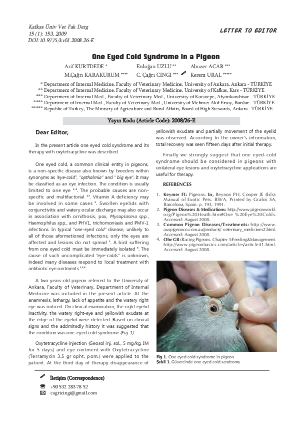 (PDF) One Eyed Cold Syndrome in a Pigeon
