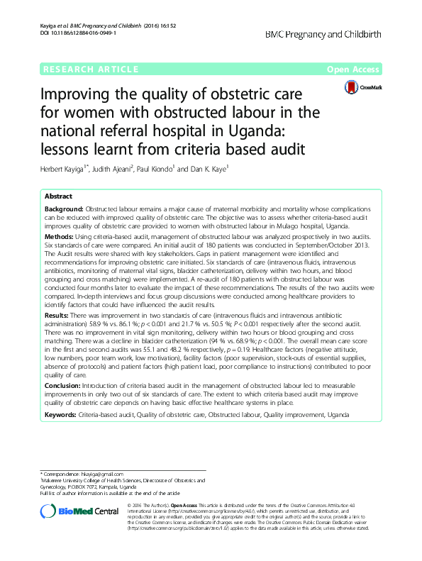 (PDF) Improving the quality of obstetric care for women with obstructed ...